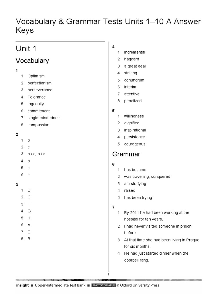 Vocabulary & Grammar Units 1-10 A Answer Keys | PDF