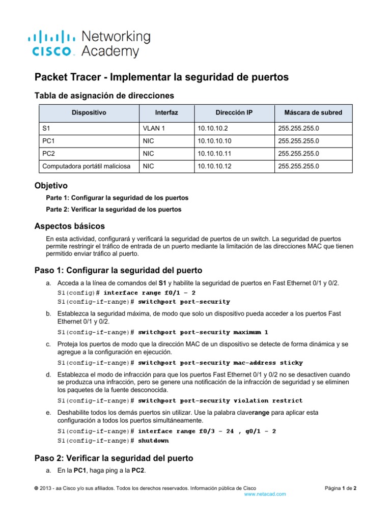11 1 10 Packet Tracer Implement Port Security Es Xl Pdf Controlador De Interfaz De Red