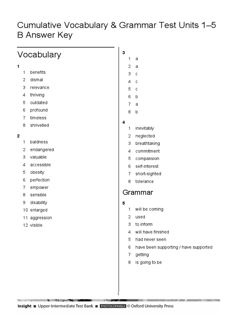 Cumulative Vocabulary & Grammar Test Units 1-5B Answer Key | PDF