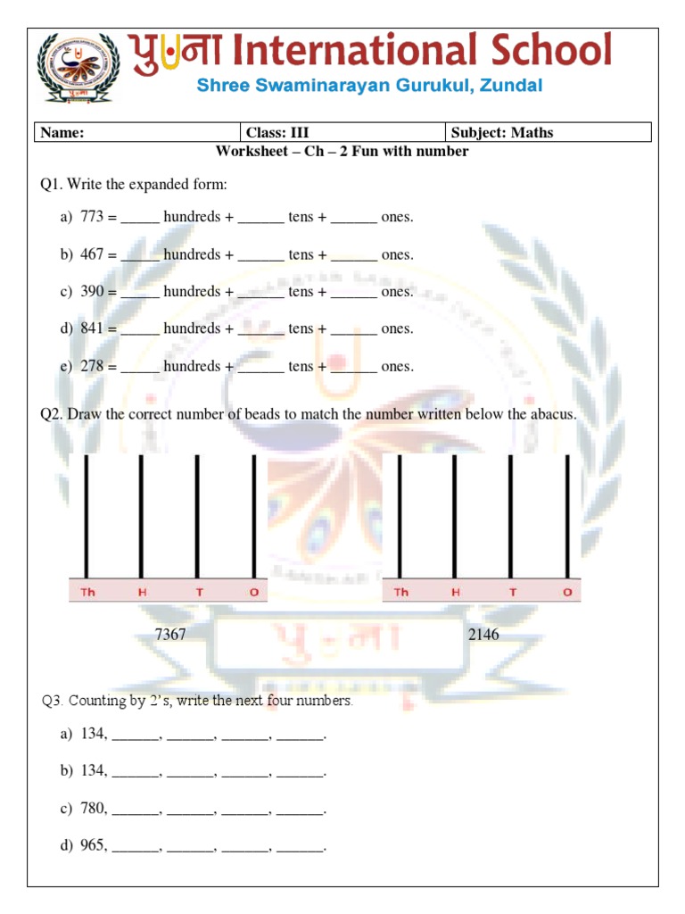 Name: Class: III Subject: Maths Worksheet - CH - 2 Fun With Number | PDF