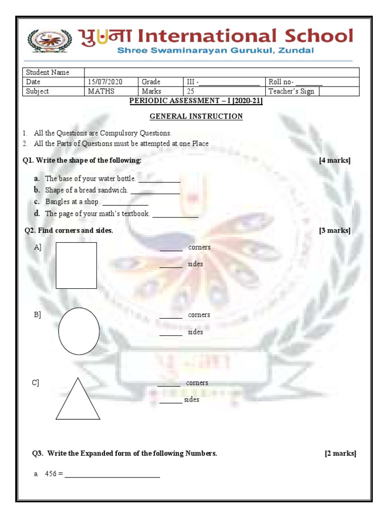 Class - 3 - Maths - PA 1 PAPER - 20-21 PDF | PDF