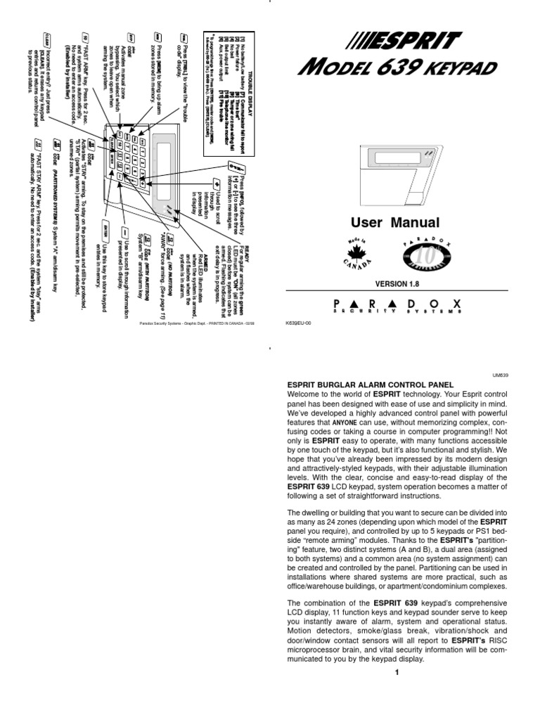Esprit 639 Keypad User Manual | PDF | Security Alarm | Manufactured Goods
