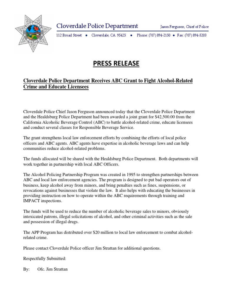 Cloverdale Police Secures ABC Grant for Alcohol Crime Prevention | PDF