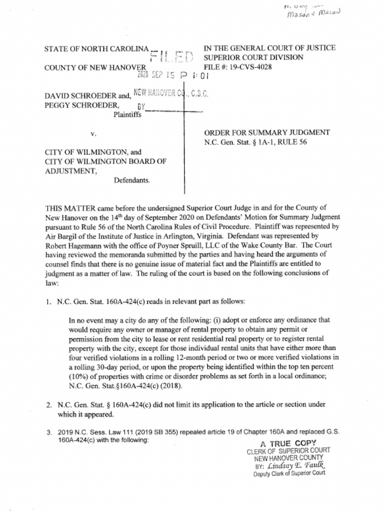 Superior Court order striking down Wilmington's STR ordinance