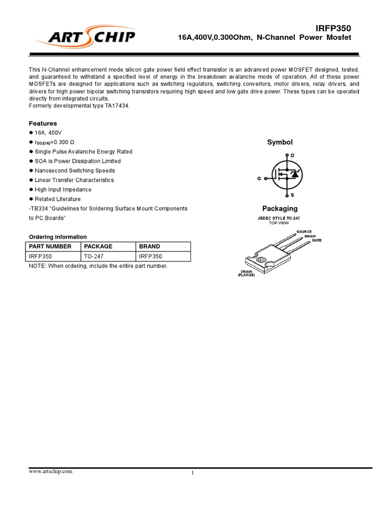 16A, 400V, 0.300ohm, N-Channel Power Mosfet: IRFP350 | PDF | Field ...
