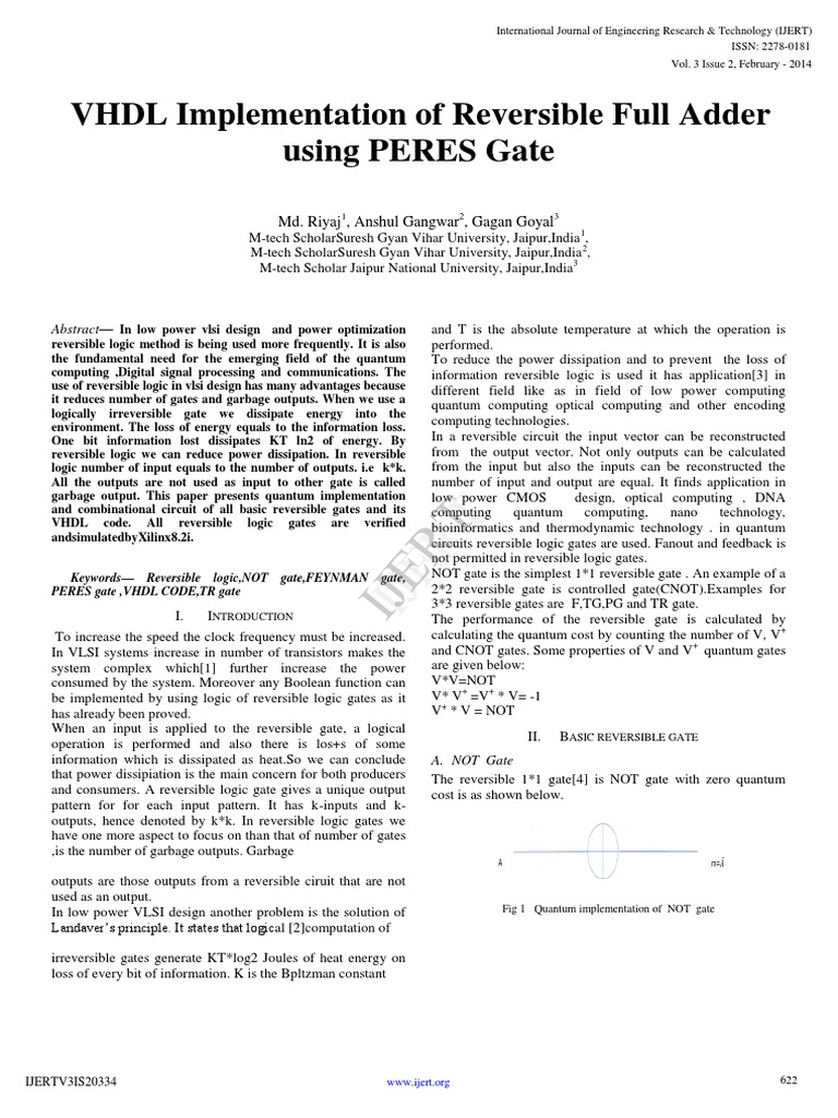 VHDL Implementation of Reversible Full Adder Using Peres Gate ...