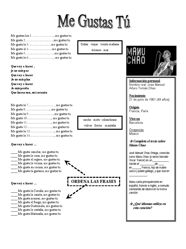 Cancion Manu Chao Actividades y Juegos Comprension Lectora Letras de ...
