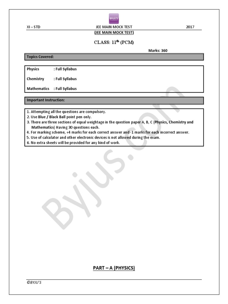 CLASS: 11 (PCM) : (Jee Main Mock Test) | Download Free PDF | Euclidean ...