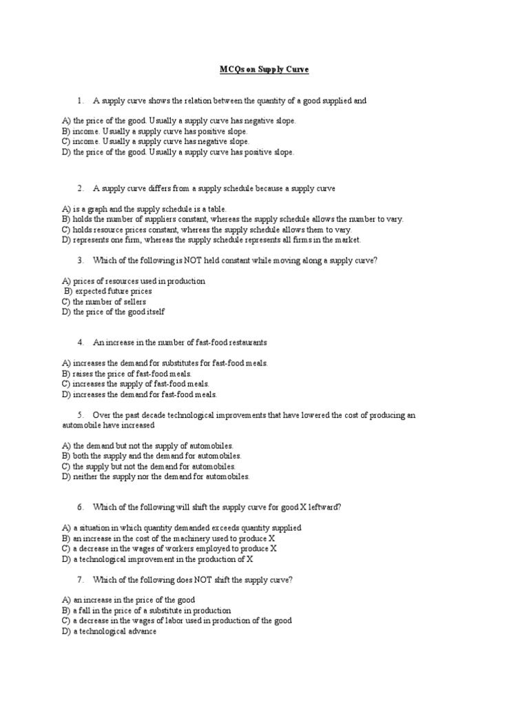 MCQs on Supply Curve Concepts | PDF | Supply (Economics) | Demand