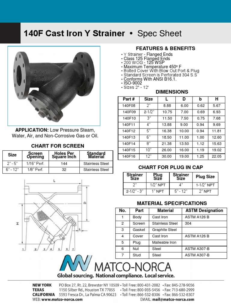 140F Cast Iron Y Strainer - Spec Sheet: Features & Benefits | PDF ...