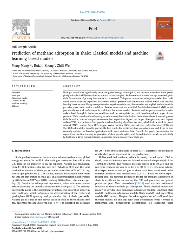 Prediction of Methane Adsorption in Shale Classical Models and Machine ...