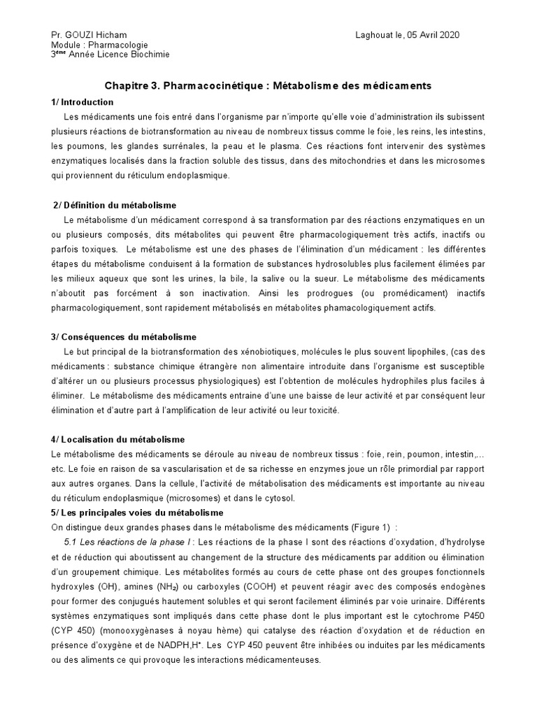 Chapitre 3 Métabolisme Des Médicaments 3ème Année Licence Biochimie 1 ...