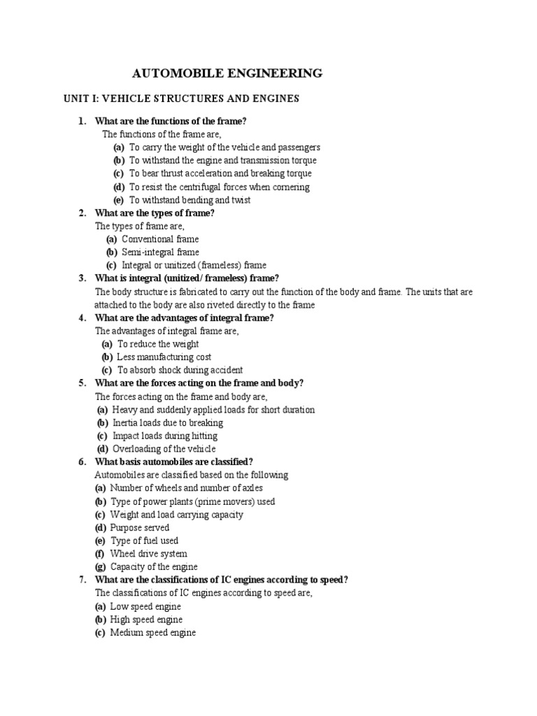 Automobile Engineering: Unit I: Vehicle Structures and Engines | PDF ...