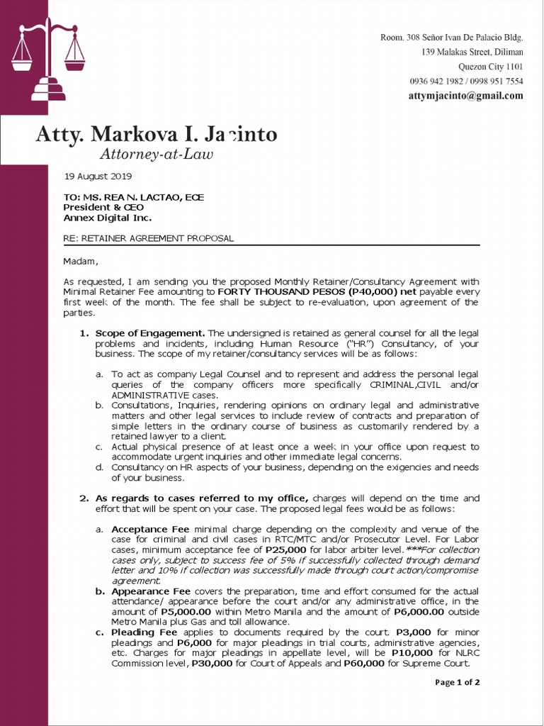 Proposal For Retainer Agreement - Sample | PDF | Attorney's Fee | Lawyer