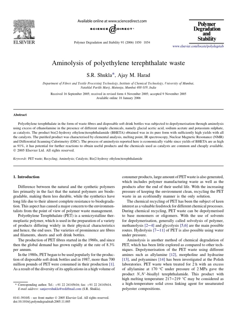 Aminolysis of Polyethylene Terephthalate Waste | PDF | Polyester ...