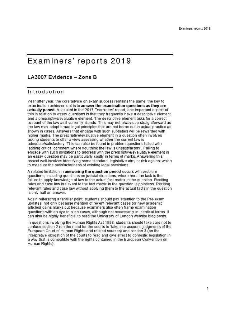 Examiners' Reports 2019: LA3007 Evidence - Zone B | PDF | Burden Of Proof (Law) | Evidence (Law)
