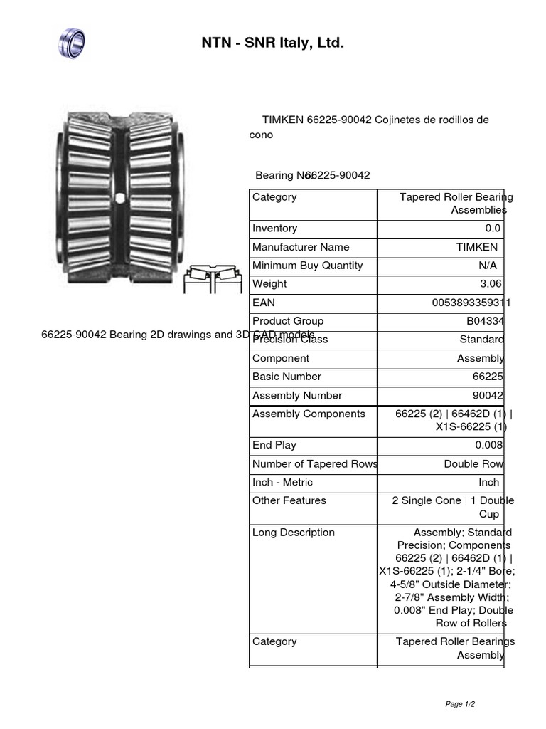TIMKEN 66225-90042 Tapered Roller Bearing | PDF | Business