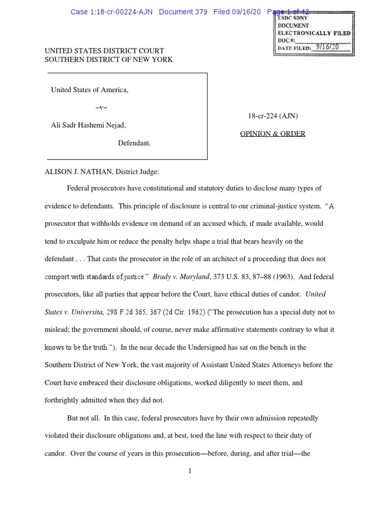 Judge Alison Nathan Calls Out SDNY | PDF | Discovery (Law) | Prosecutor