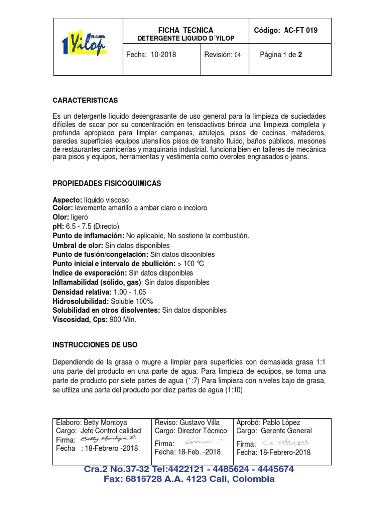 Ficha Tecnica Detergente Liquido D Yilop - 2018 | PDF | Detergente | Líquidos