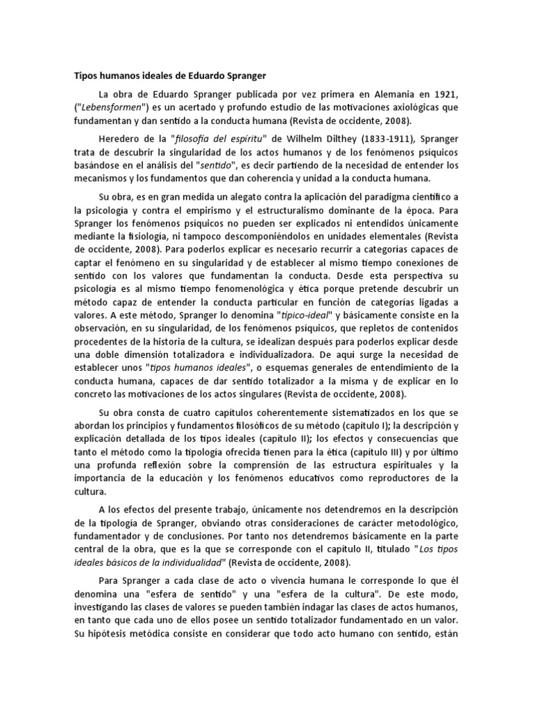 Tipos Humanos Ideales de Eduardo Spranger | PDF | Verdad | Amor