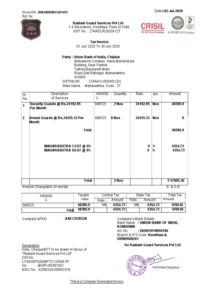 Security Services Invoice for Union Bank of India Detailing Charges for ...