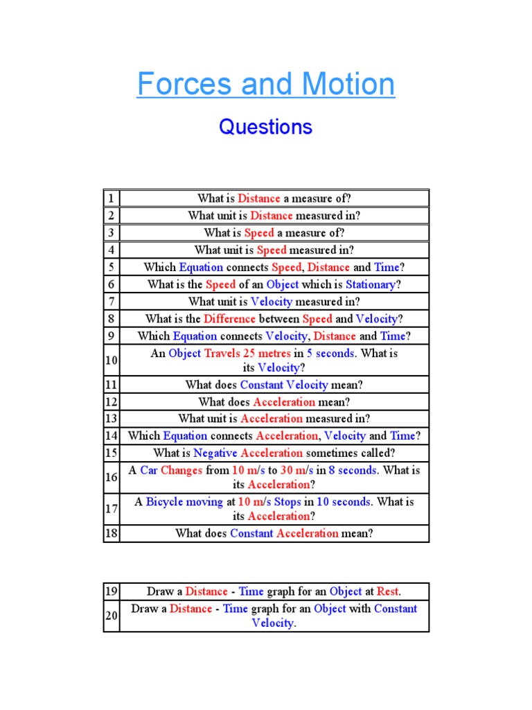 Forces and Motion: Questions | PDF | Velocity | Force