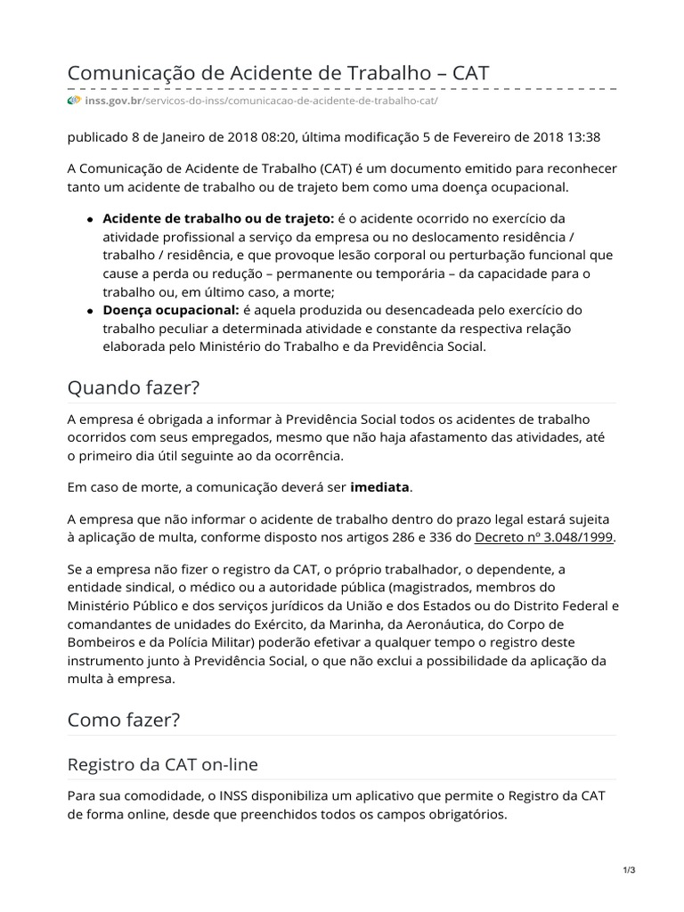 Comunicação de Acidente de Trabalho CAT | PDF | Bem-estar | Médico