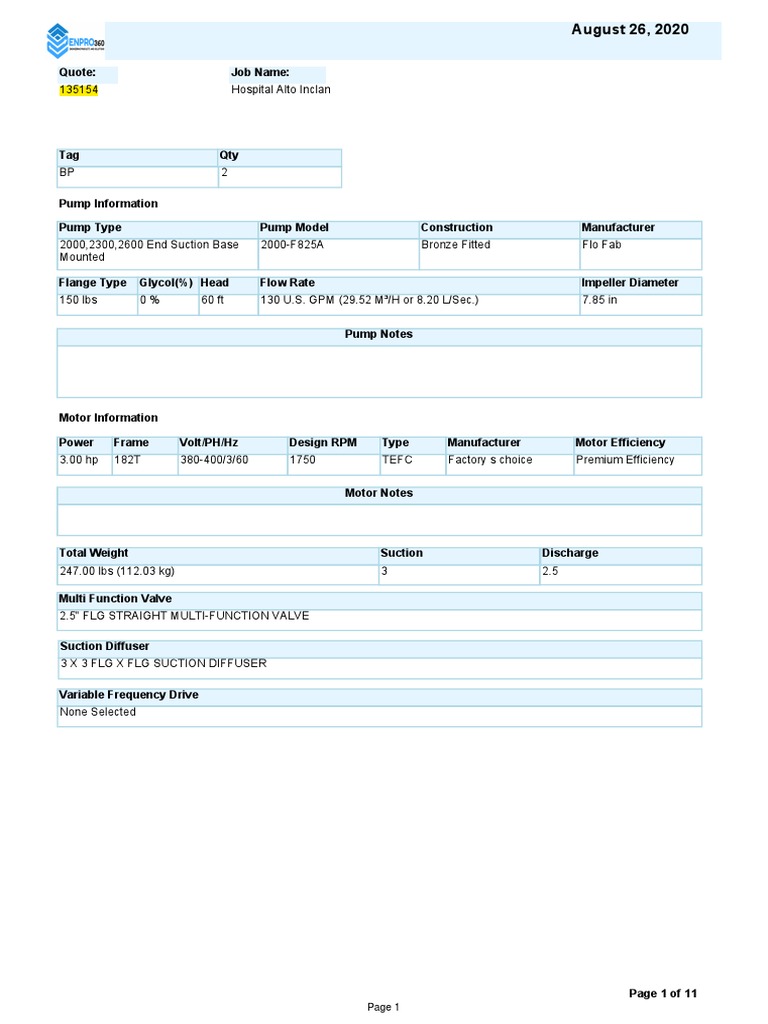 Submittal FLO FAB 135154 - SingleItemsReport | PDF | Pump | Horsepower
