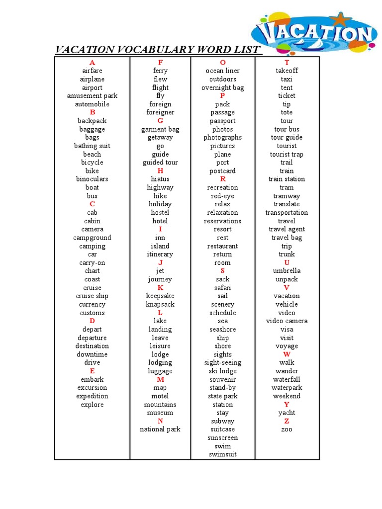 Vacation Vocabulary Word List | PDF | Tourism | Baggage