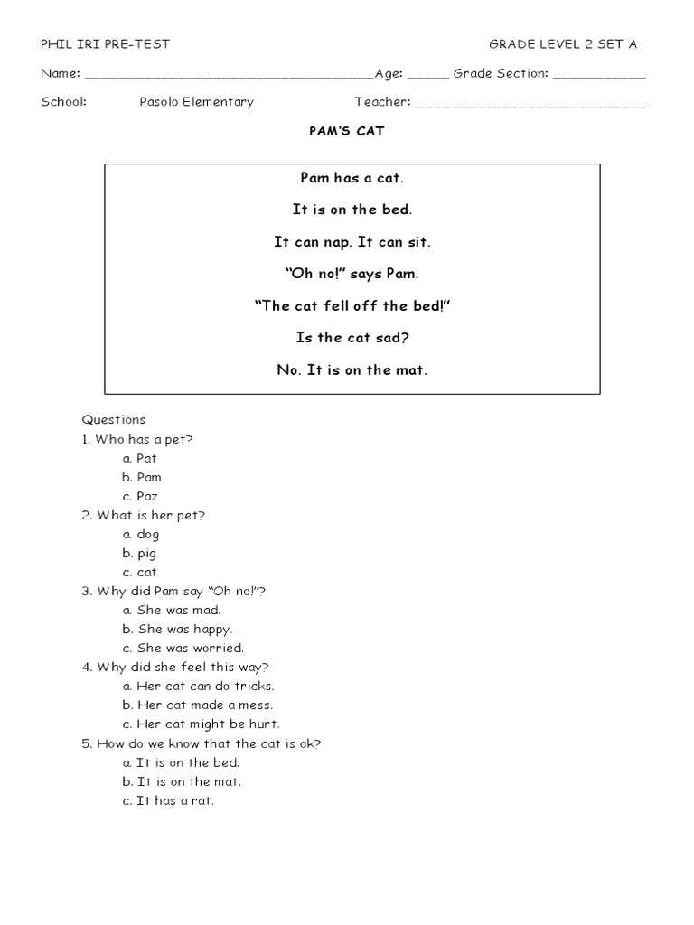 Phil Iri Pre Test Set A Grade Level 2 To 7 | PDF | Chocolate | Foods