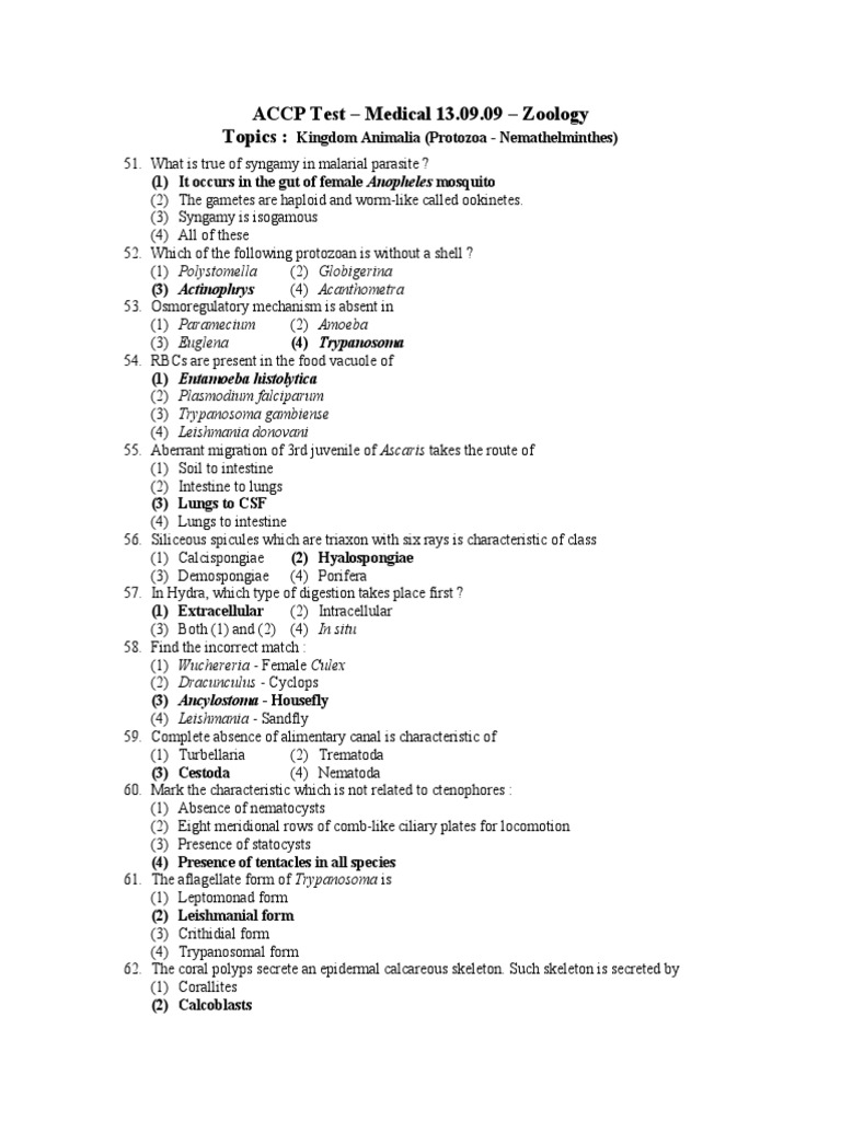 ACCP Test-For Med | PDF | Biology | Zoology