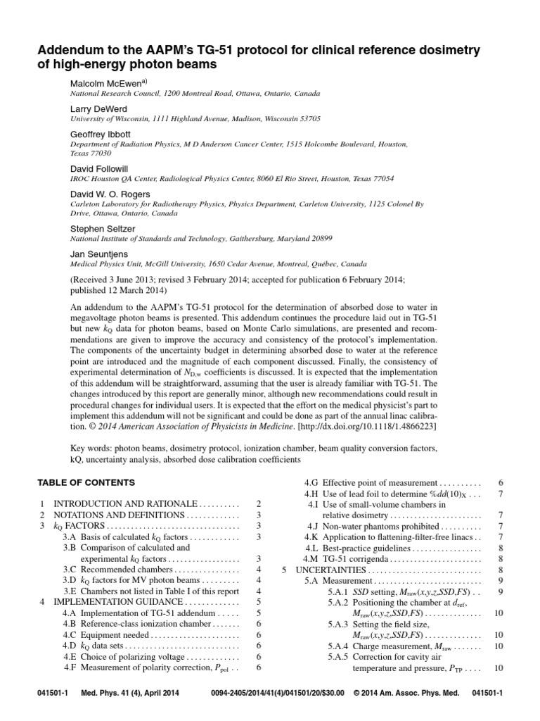 Addendum To The AAPM's TG-51 Protocol For Clinical Reference Dosimetry ...
