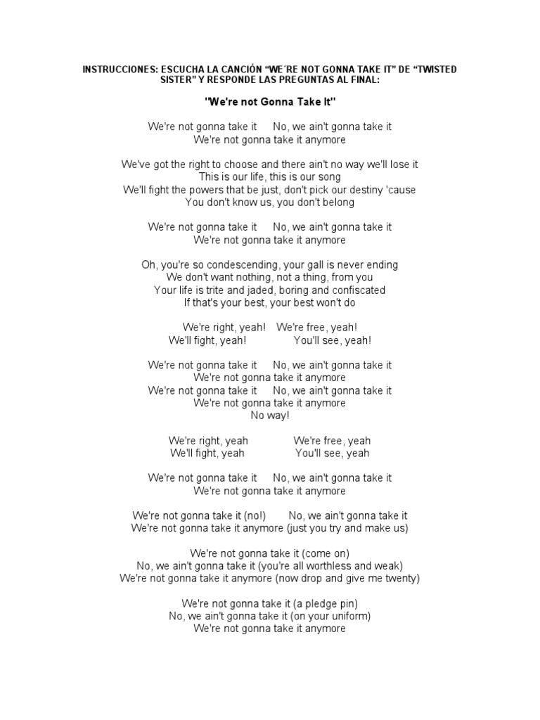 Ingles 3 - Semana 1 - Future Going To Song 1 - Twisted Sister | PDF