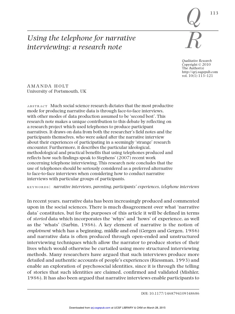Using The Telephone For Narrative Interviewing: A Research Note, Amanda ...