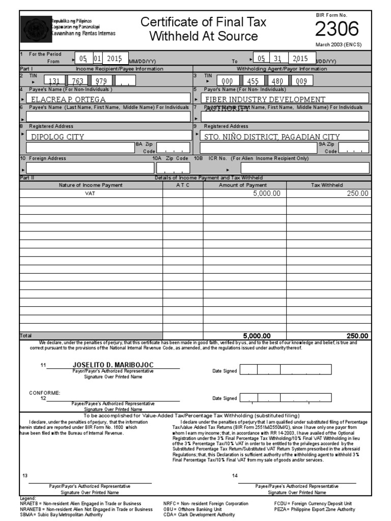 Certificate of Final Tax Withheld at Source | PDF | Withholding Tax ...