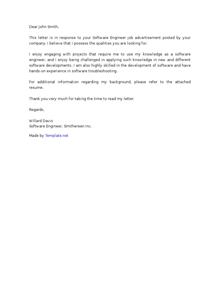 Free Job Application Letter Template For Software Engineer PDF | PDF ...