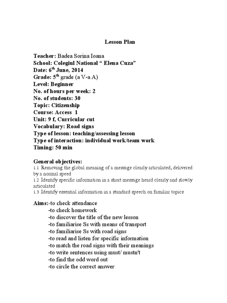 Plan de Lectie Clasa A 5-A Bucuresti | PDF | Worksheet | Learning