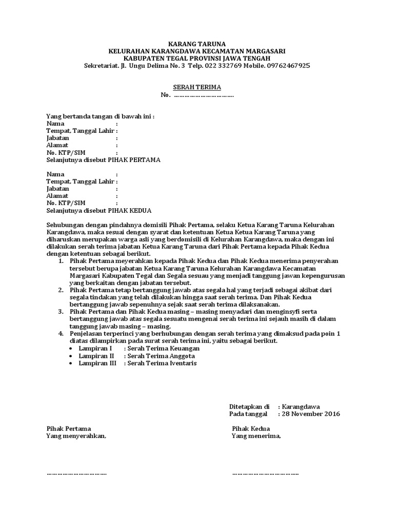 Contoh Surat Serah Terima Jabatan Ketua Karang Taruna | PDF