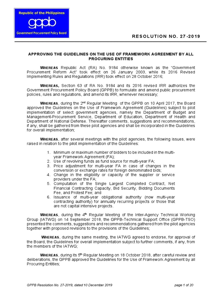 GPPB Resolution No. 27-2019 Guidelines On The Use of Framework Agreement | PDF | Procurement ...