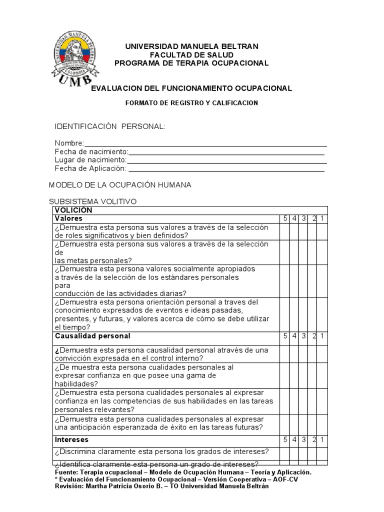 Eval Del Funcionam Ocupa Aof CV | PDF | Terapia ocupacional | Evaluación
