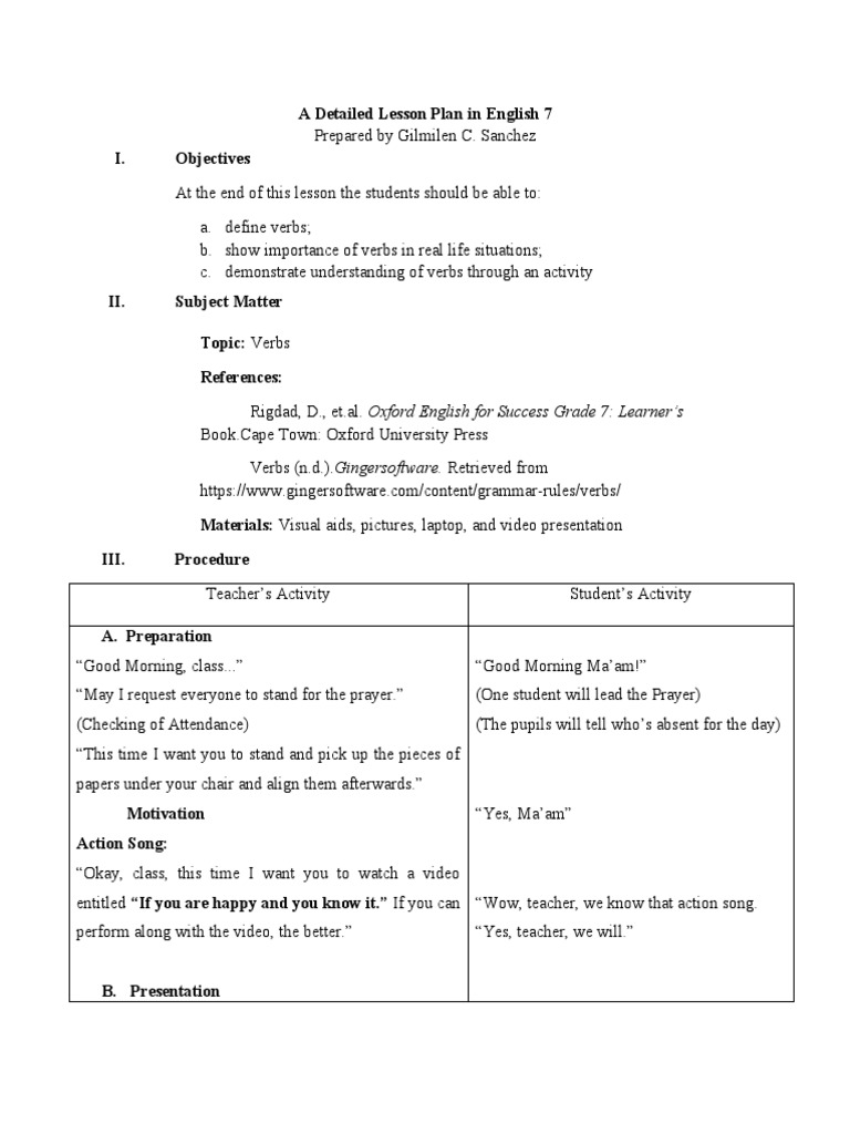 Detailed Lesson Plan in English 7 | PDF | Lesson Plan | Cognition
