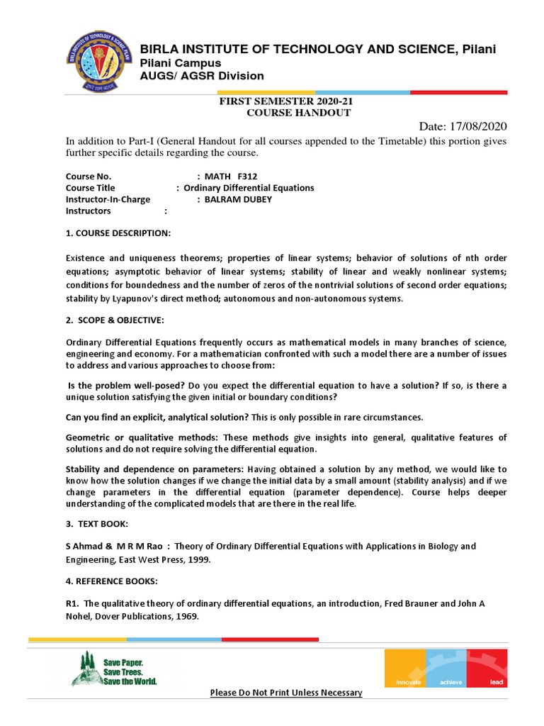Ordinary Diff Equation Handout | PDF
