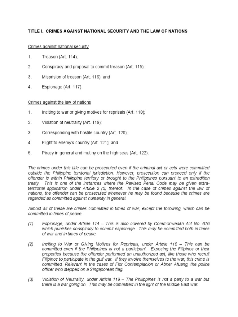 Title I Notes RPC | PDF | Treason | Crime & Violence