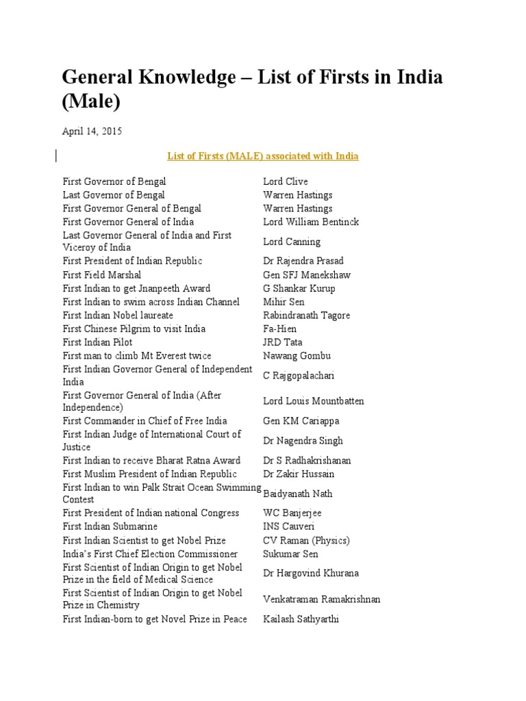 General Knowledge - List of Firsts in India (Male) | Download Free PDF ...