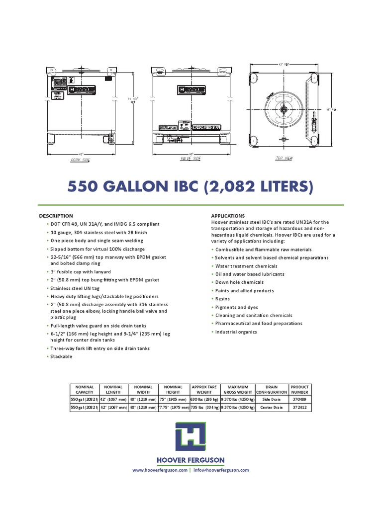 550 GALLON IBC (2,082 LITERS) : Description Applications | PDF ...