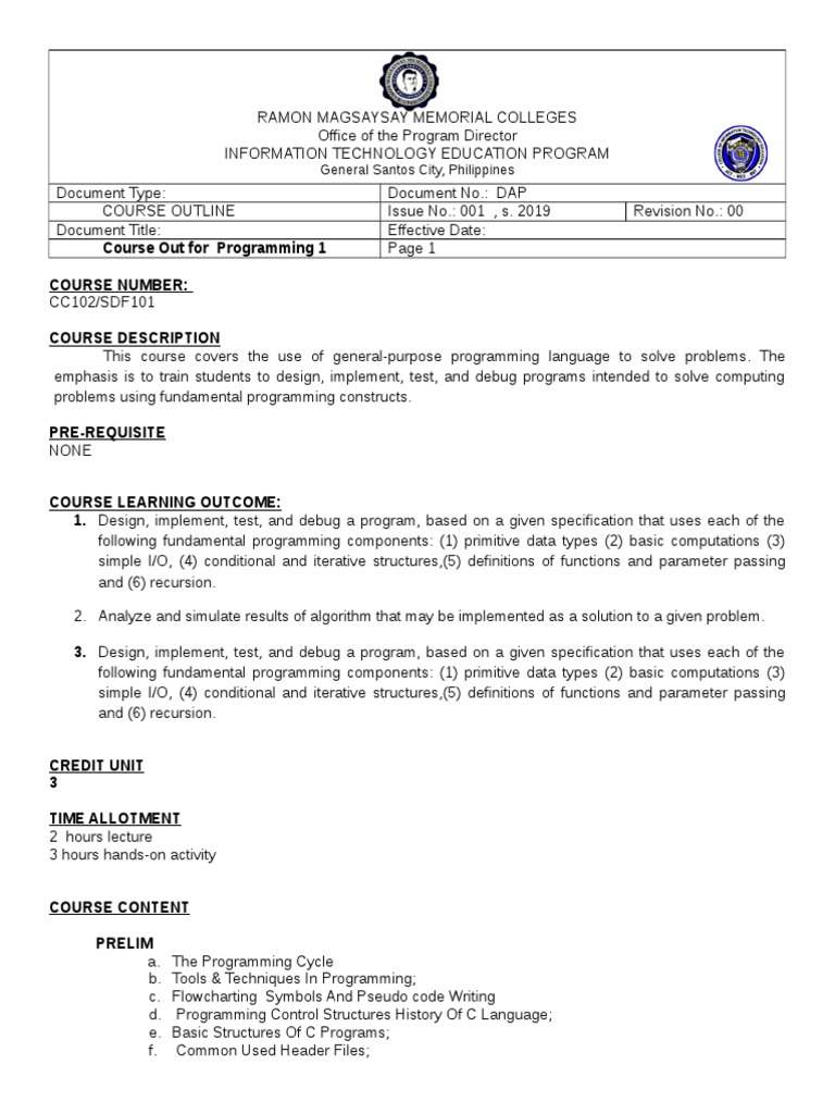 Computer Programming 1 Course Outline | PDF | Computer Programming ...