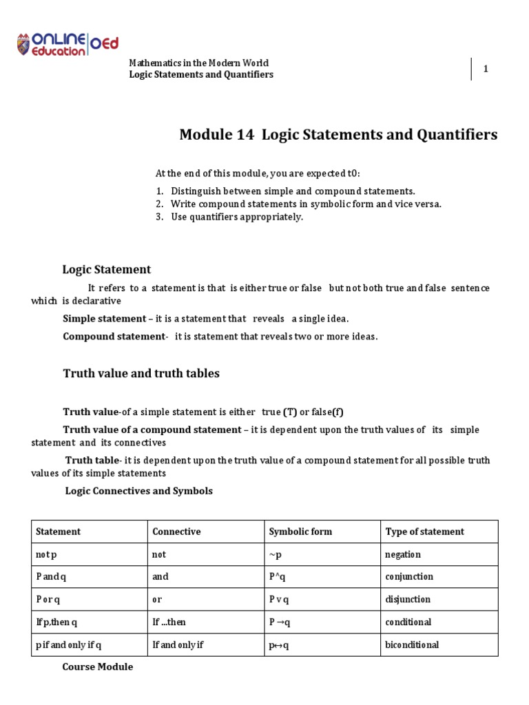 Lesson 13 - Logic Statements and Quantifiers PDF | Download Free PDF | If And Only If | Truth