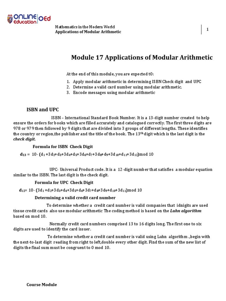 Lesson 16 - Applications of Modular Arithmetic PDF | PDF | International Standard Book Number ...