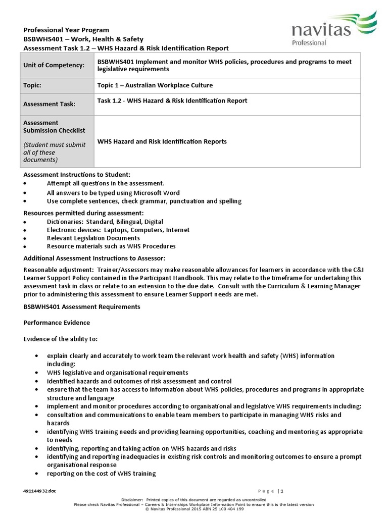 2017 Task 1.2 BSBWHS401 Assessment v3 | PDF | Educational Assessment | Risk
