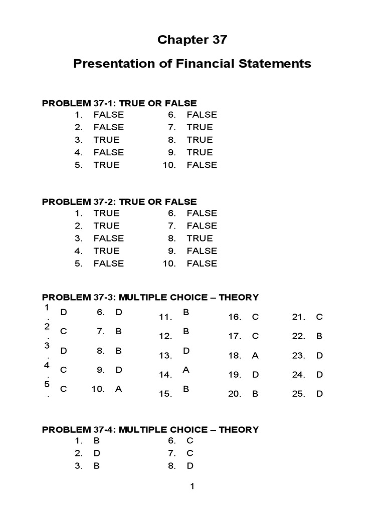 Presentation of Financial Statements: Problem 37-1: True or False | Download Free PDF | Equity ...